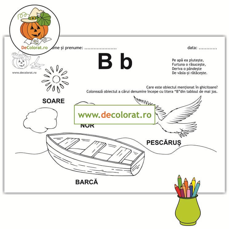 Litera și Sunetul B - fișă de lucru cu ghicitoare | DeColorat.ro