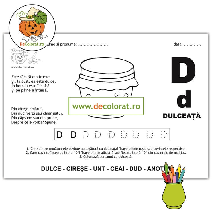 Litera D - fișă de trasare cu poezie (dulceață) | DeColorat.ro