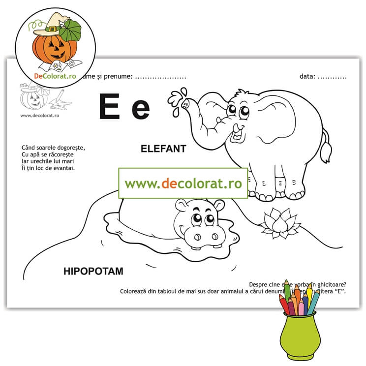 Litera E - fișă de lucru cu ghicitoare (elefant) | DeColorat.ro