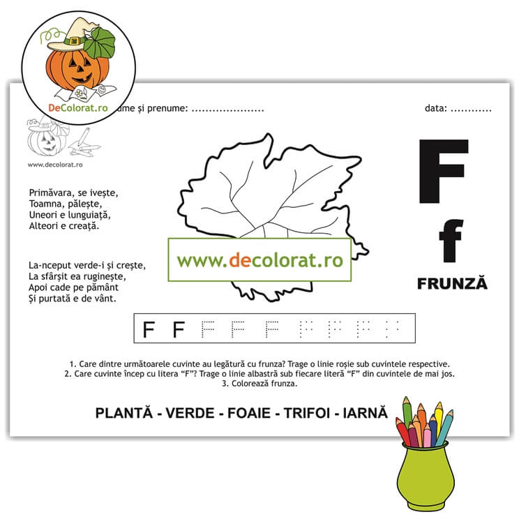 Litera F - fișă de trasare cu poezie (frunză) | DeColorat.ro