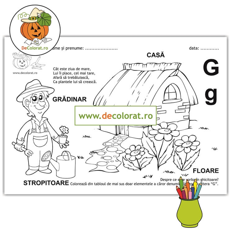 Litera G - fișă de lucru cu ghicitoare (grădinar) | DeColorat.ro