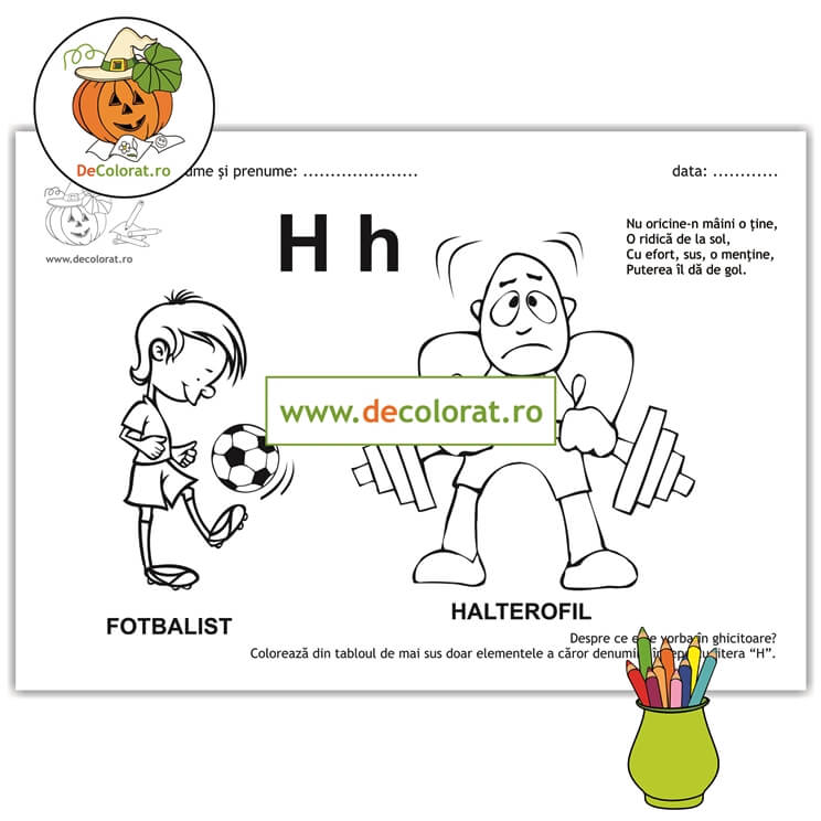 Litera H - fișă de lucru cu ghicitoare (halterofil) | DeColorat.ro