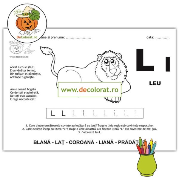 Litera si sunetul L - fișă de trasare cu ghicitoare (lup) | DeColorat.ro