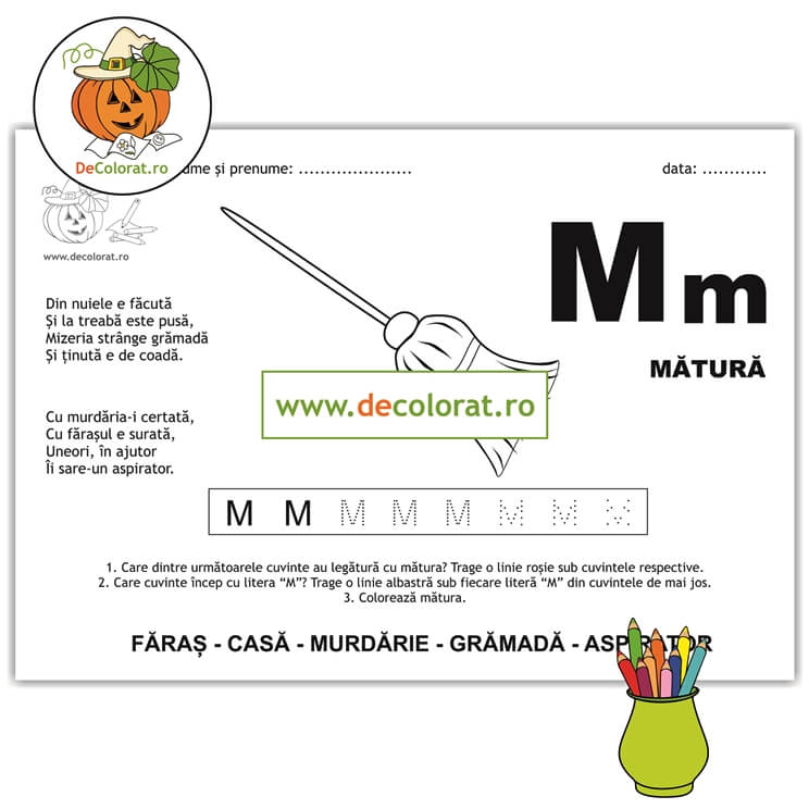 Litera M - fișă de trasare cu ghicitoare (mătură) | DeColorat.ro