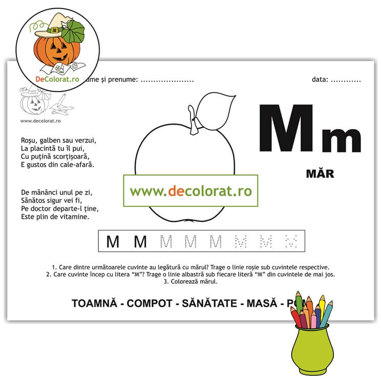 Litera M - fișă de trasare cu ghicitoare (mătură) | DeColorat.ro