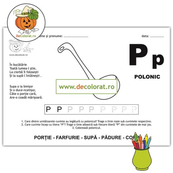 Litera și sunetul P - fișă de lucru cu ghicitoare (pară) | DeColorat.ro