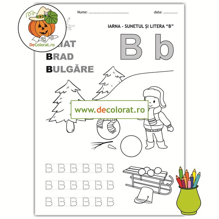 Iarna și literele - fișă de trasare și de colorat litera B | DeColorat.ro