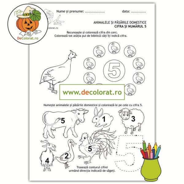 Fișă de lucru cu cifra 5 - identificare, mulțimi, trasare | Decolorat.ro
