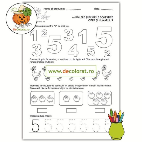 Fișă de lucru cu cifra 5 - identificare, mulțimi, trasare | Decolorat.ro