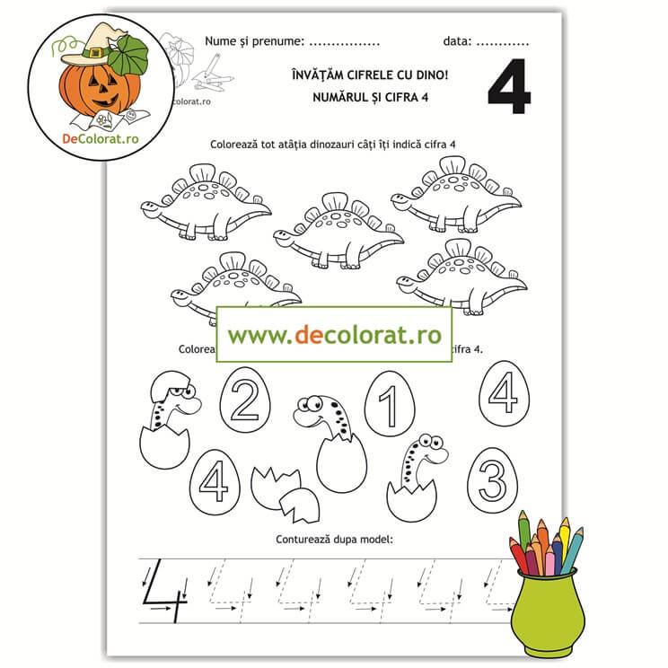 Învățăm cifrele cu Dino - fișă de lucru cu cifra 4 | Decolorat.ro