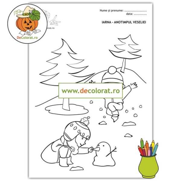 Tablou de iarnă cu om de zăpadă - planșă de colorat | Decolorat.ro