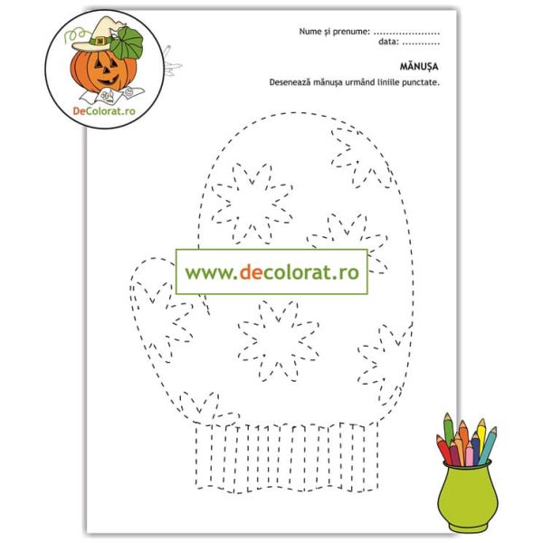 Mănușa cu steluțe - fișă de lucru cu linii punctate | Decolorat.ro