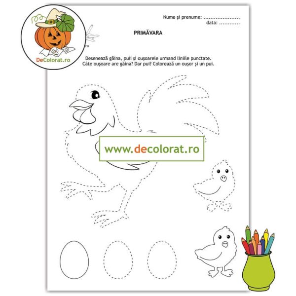 Fișă de lucru cu linii punctate - albina cu flori - numerația 1-3