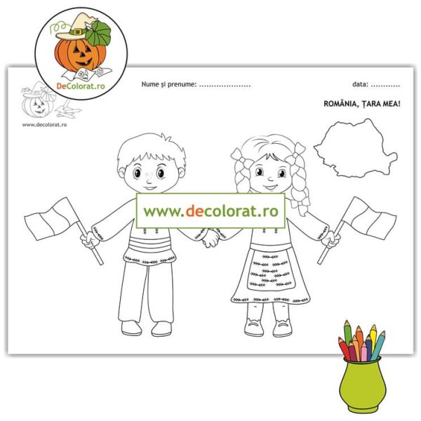 1 Decembrie - Ziua României - planșă de colorat cu româncuță