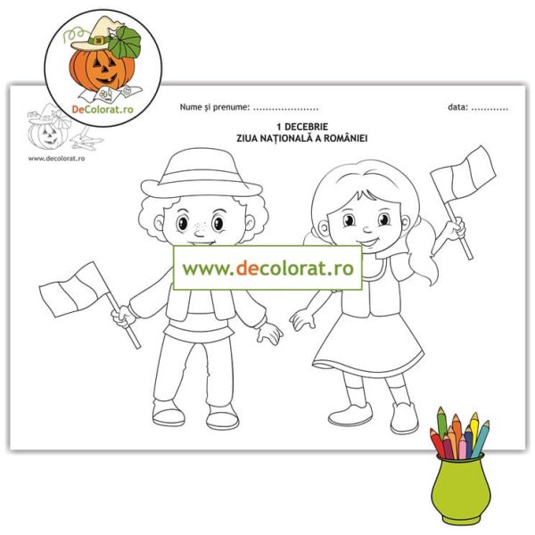 1 Decembrie - Ziua Natională - planșă de colorat cu românaș