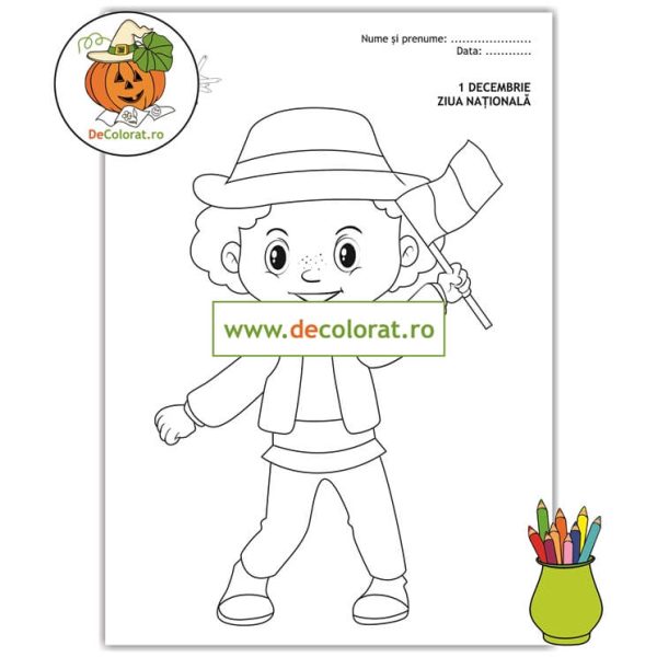 1 Decembrie - Ziua României - planșă de colorat cu româncuță