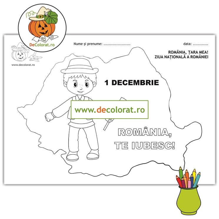 1 Decembrie - Ziua României - planșă de colorat cu româncuță