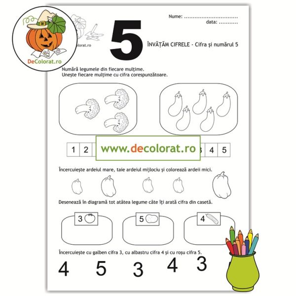 Fișă de lucru cu cifra 5 - identificare, mulțimi, trasare | Decolorat.ro