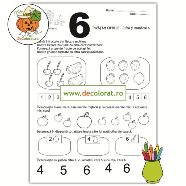 Fișă de lucru cu cifra 6 - identificare, mulțimi, trasare | Decolorat.ro