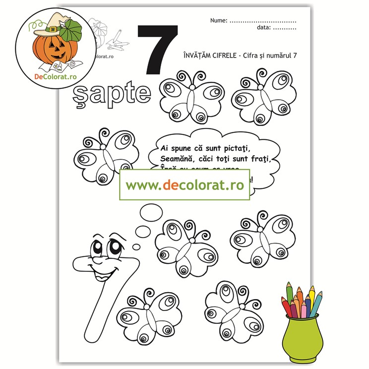Planșă de colorat cifra 7 cu ghicitoare | Decolorat.ro